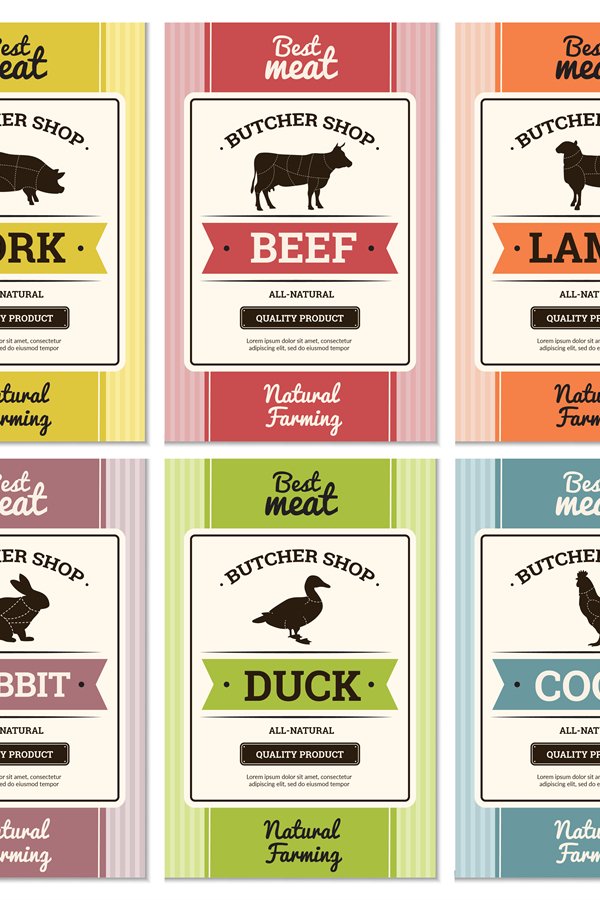 Meat labels. Butcher shop logo and fresh meat stickers or ba
