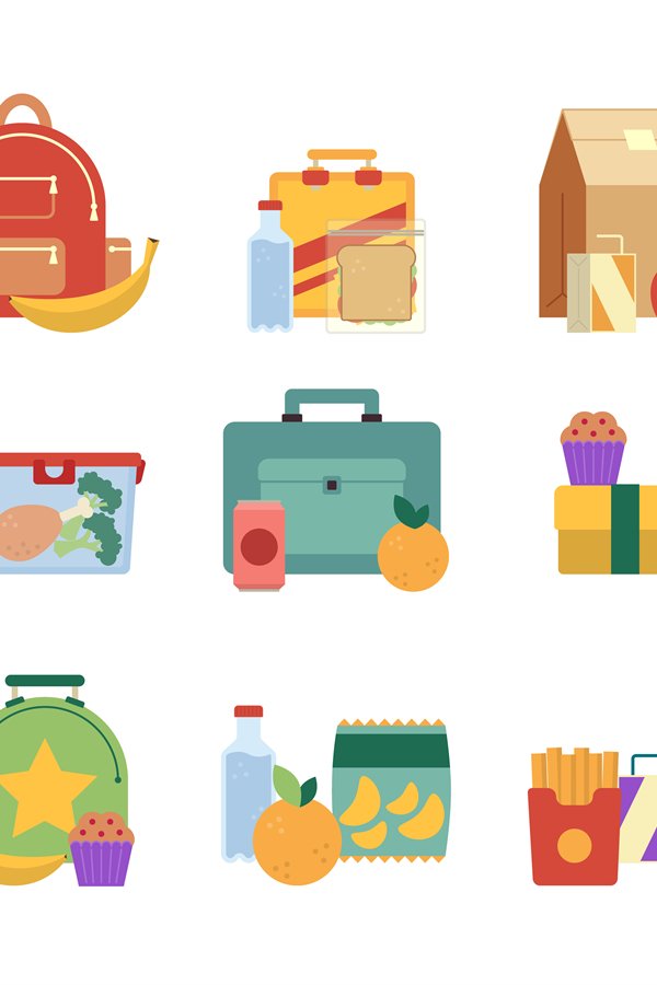 Healthy lunch in plastic box. Lunchbox for kids. Vector illu