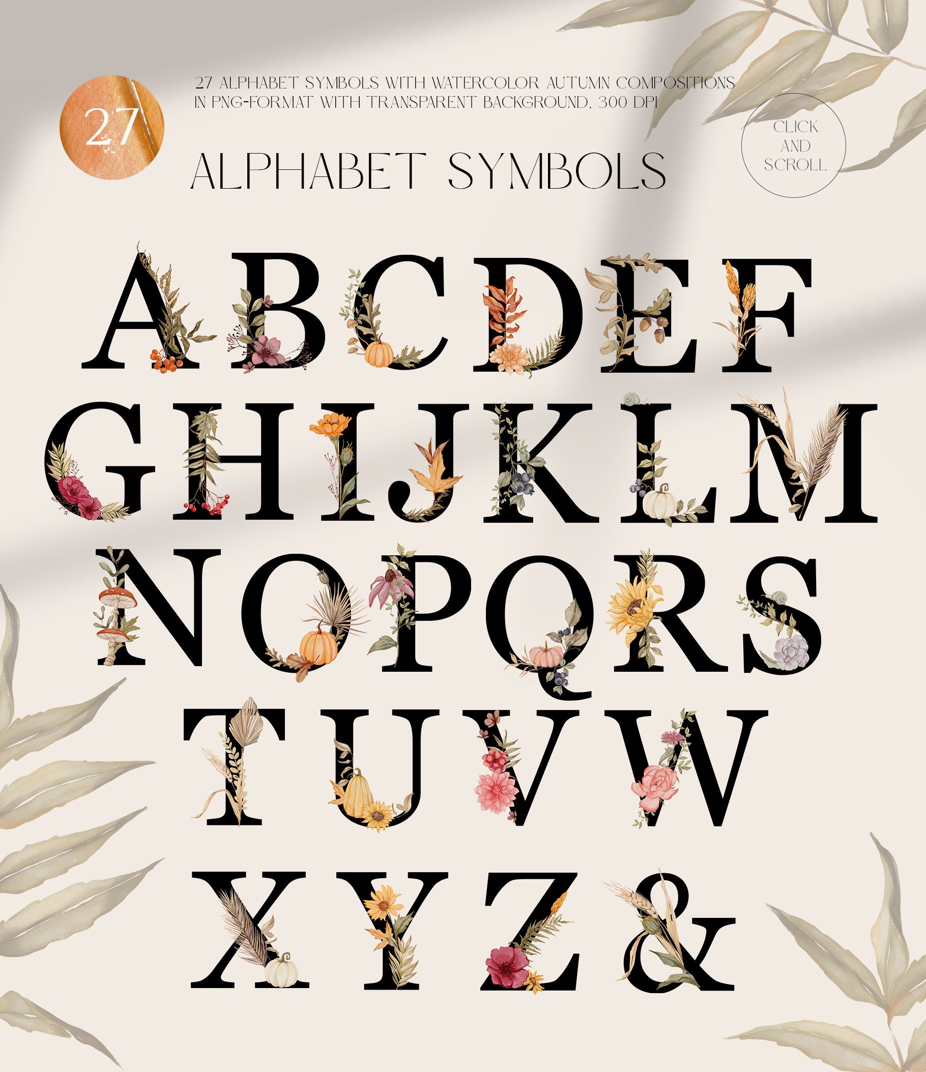 Autumn alphabet 27 PNG alphabet symbols with autumn florals