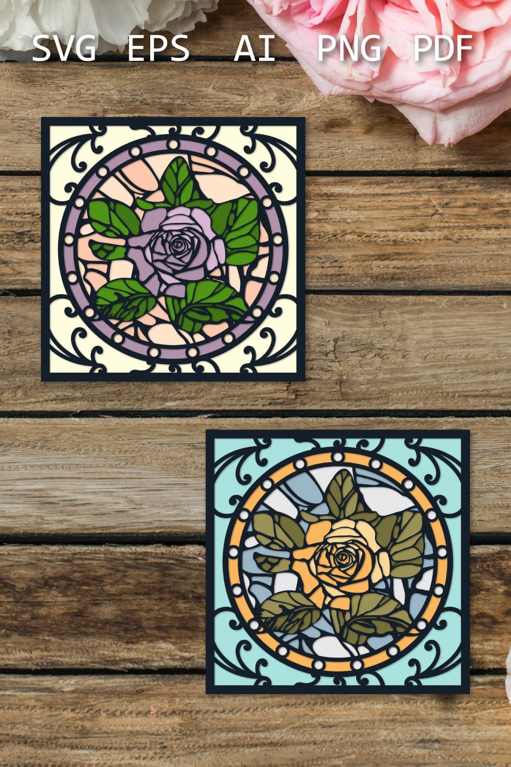 Stained Glass Rose, Layered papercut Flowers, 3D card SVG
