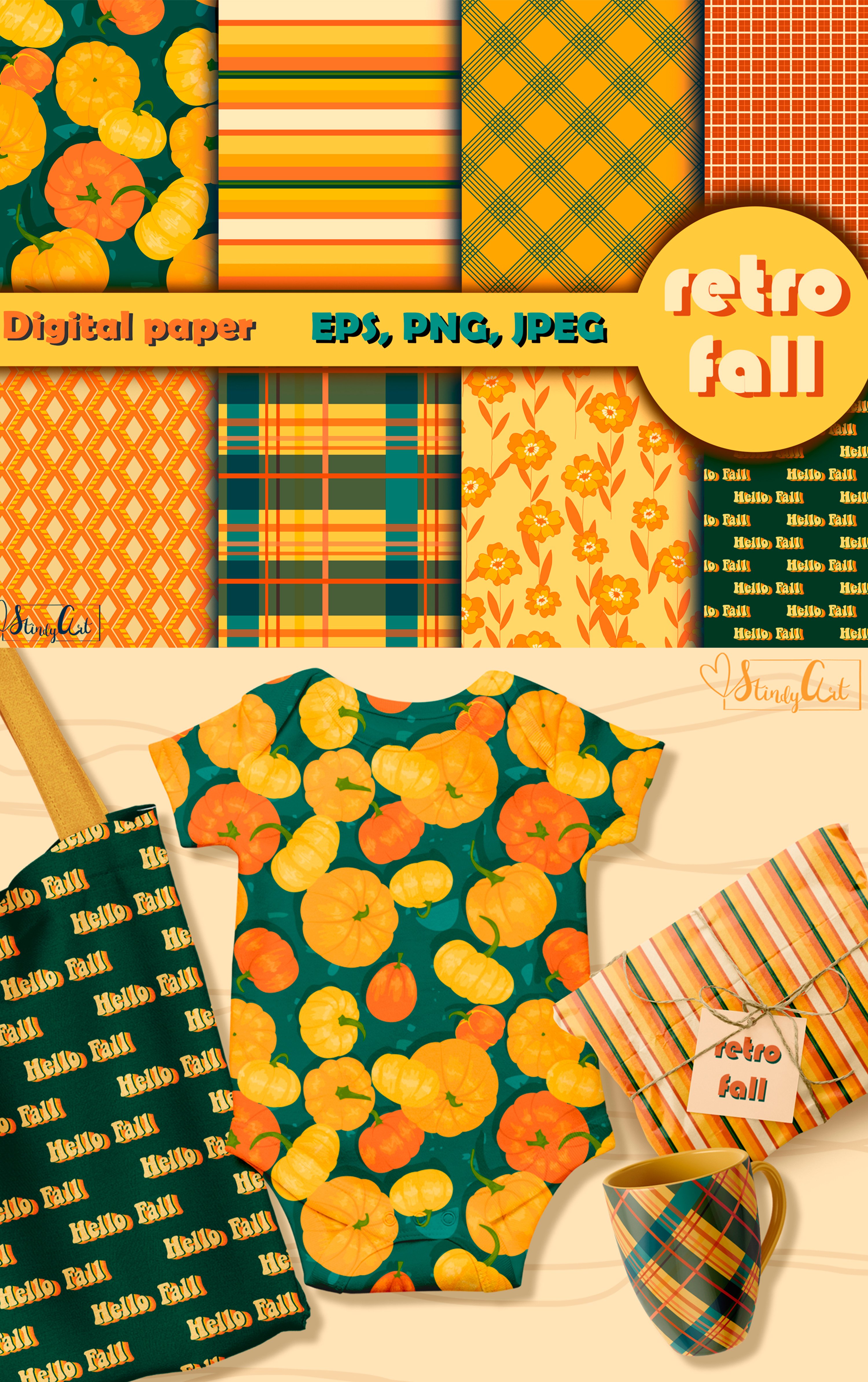 Retro fall digital paper - 8 plaid, striped, pumpkin designs