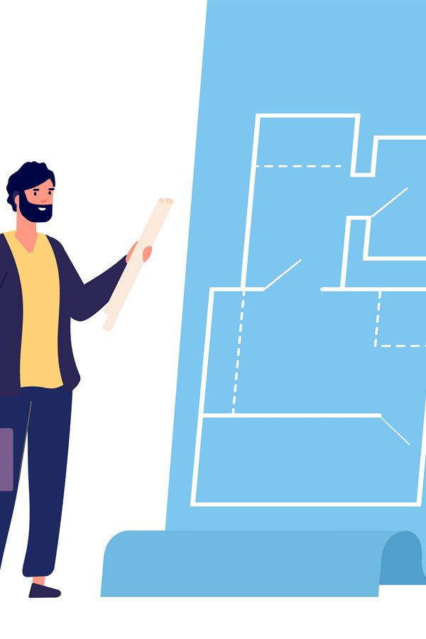 Architect with project. Vector man engineer character. Profe