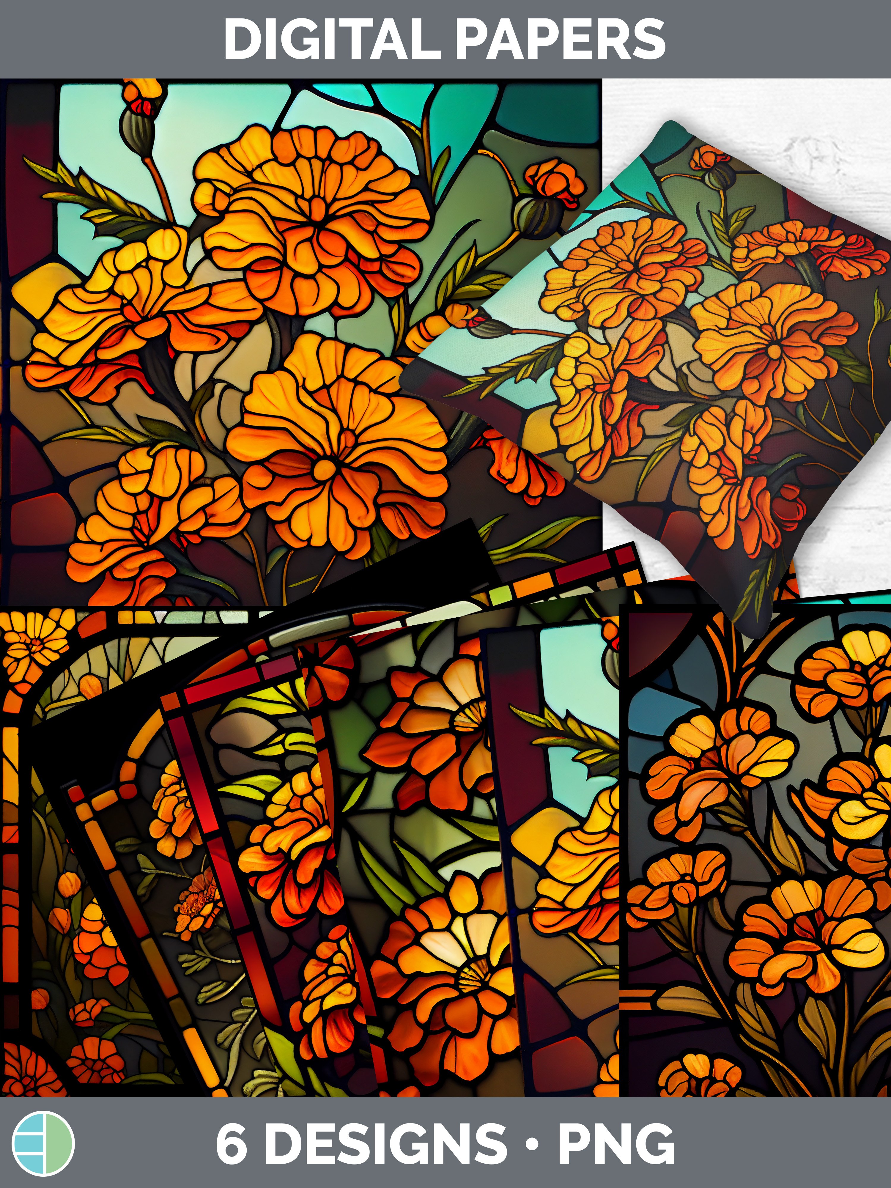 Stained Glass Marigold Flowers Paper Backgrounds | Digital S