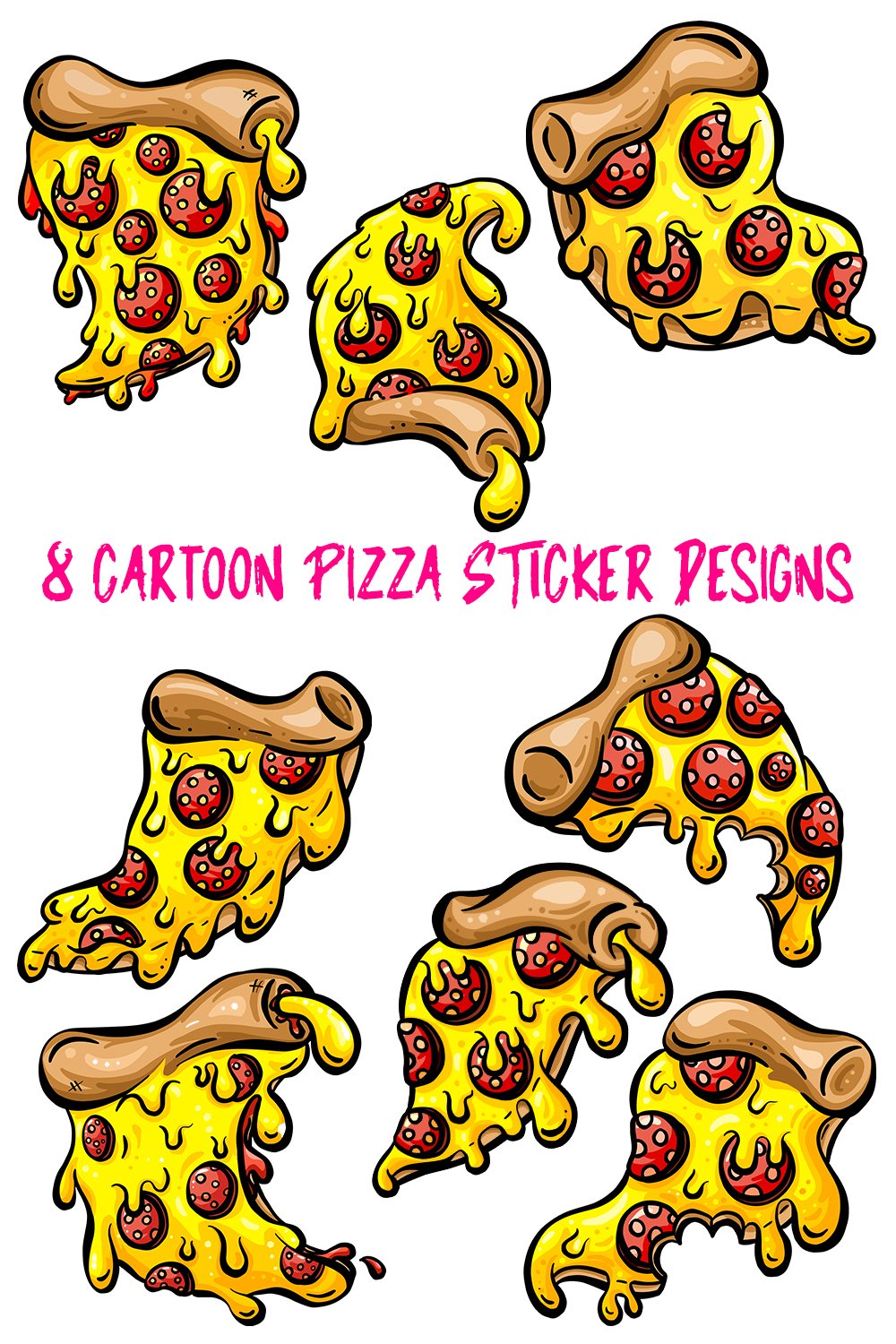 8 Cartoon Pizza Slices Pepperoni Sticker Illustrations