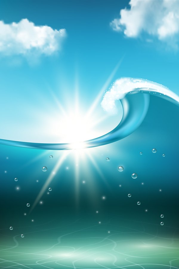 Ocean background. Waves flow underwater surface sunrise with