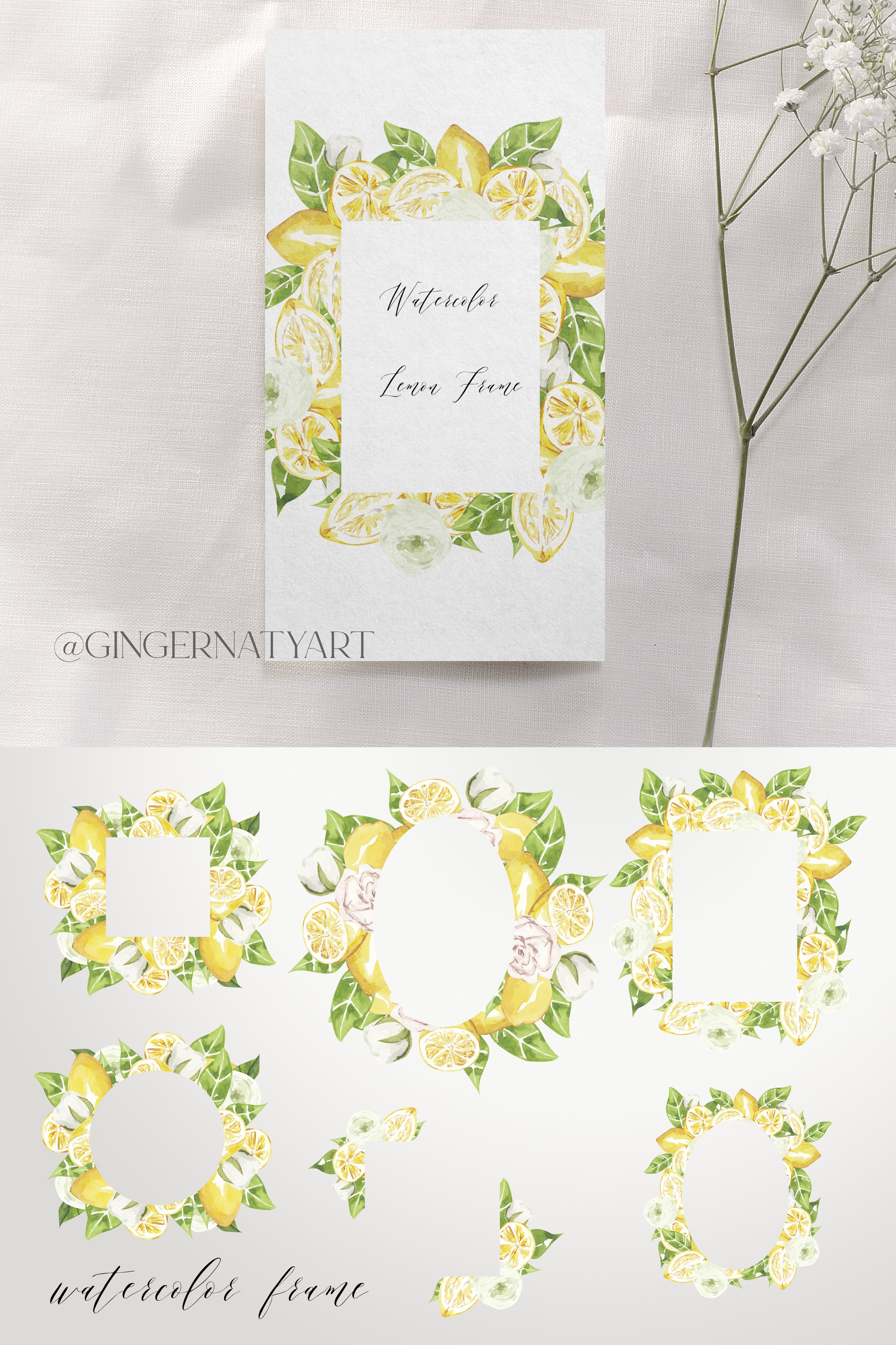 Lemon clipart, watercolor lemon frame, bridal shower clipart
