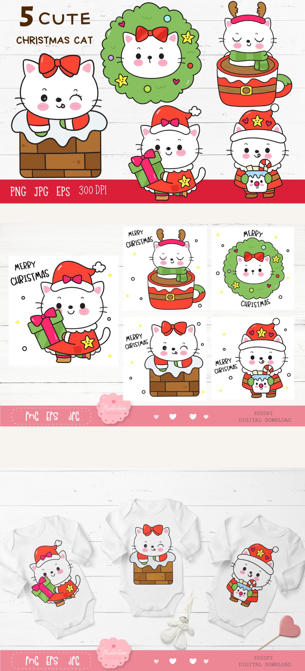 Cute santa cat Christmas animal with gift. X mas card