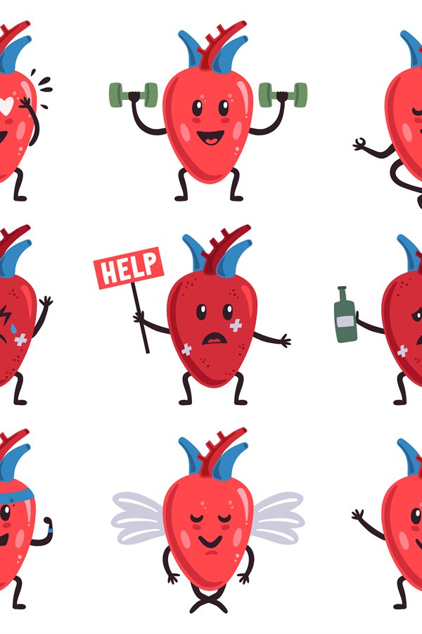 Cute heart characters. Healthy and sick unhealthy cute heart