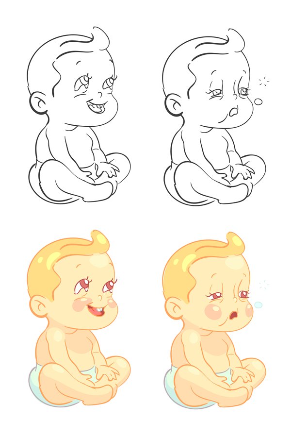 Emotional cute baby coloring page with samples isolated on w