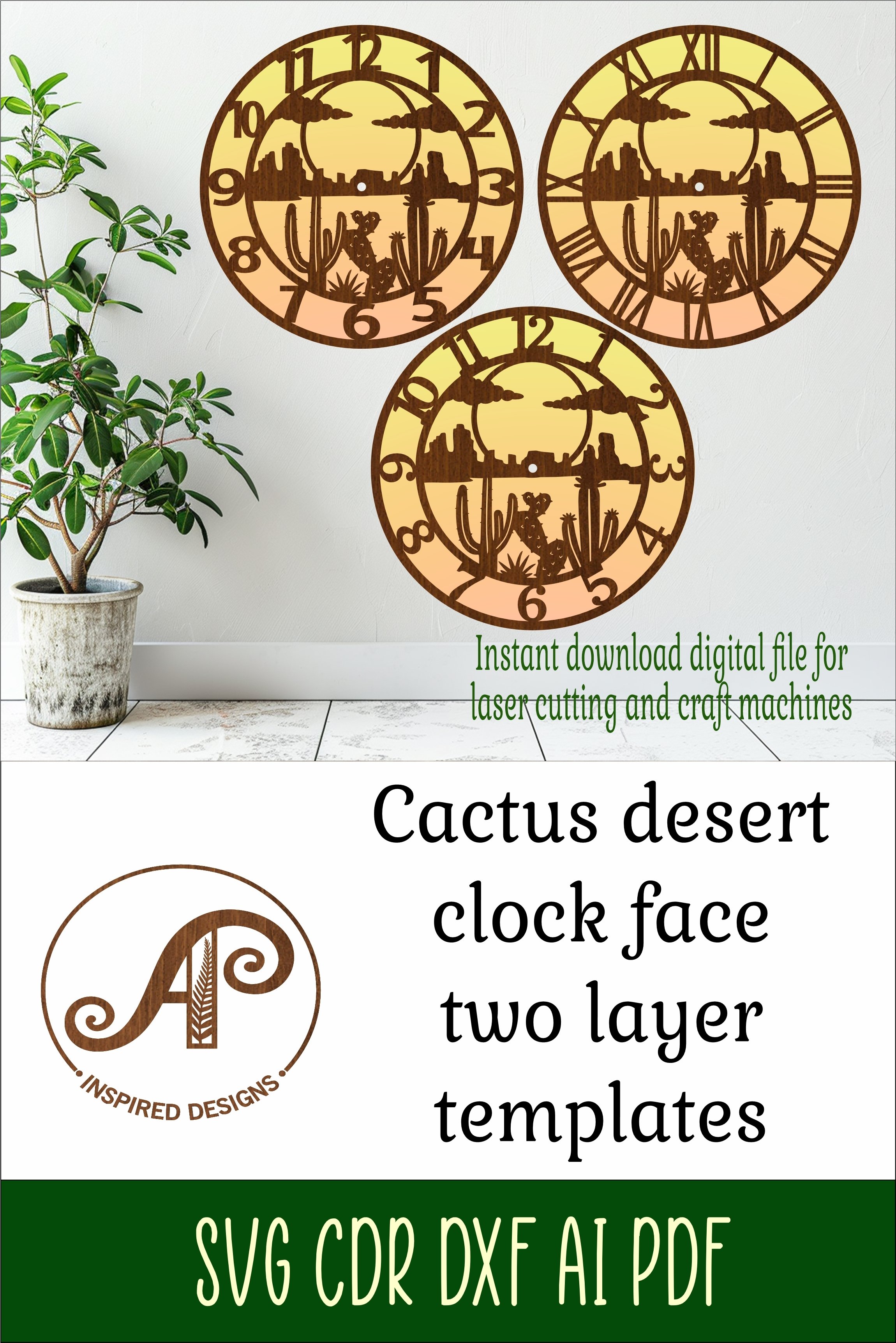 Cactus desert clock wall clock laser cut files, SVG