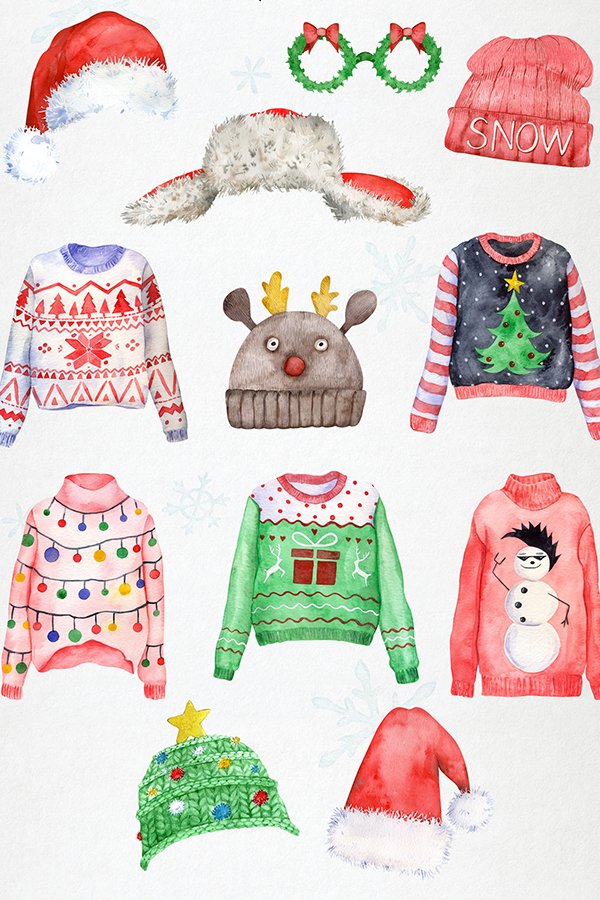 Watercolor Ugly Christmas Sweater Clipart. Xmas Jumpers, Hat