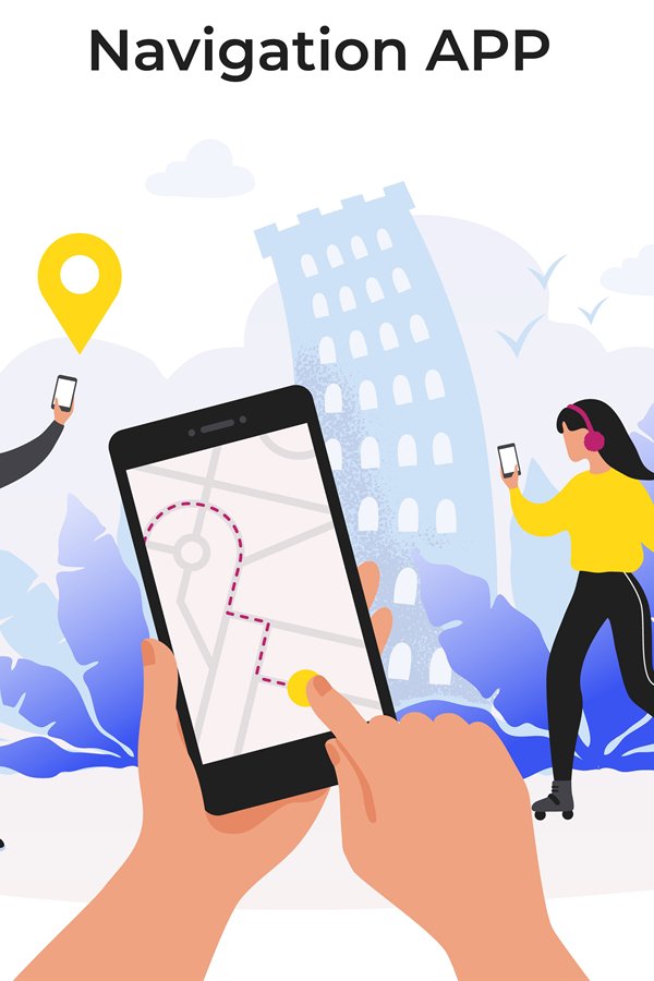 Navigation app. Mobile application with map route for food o