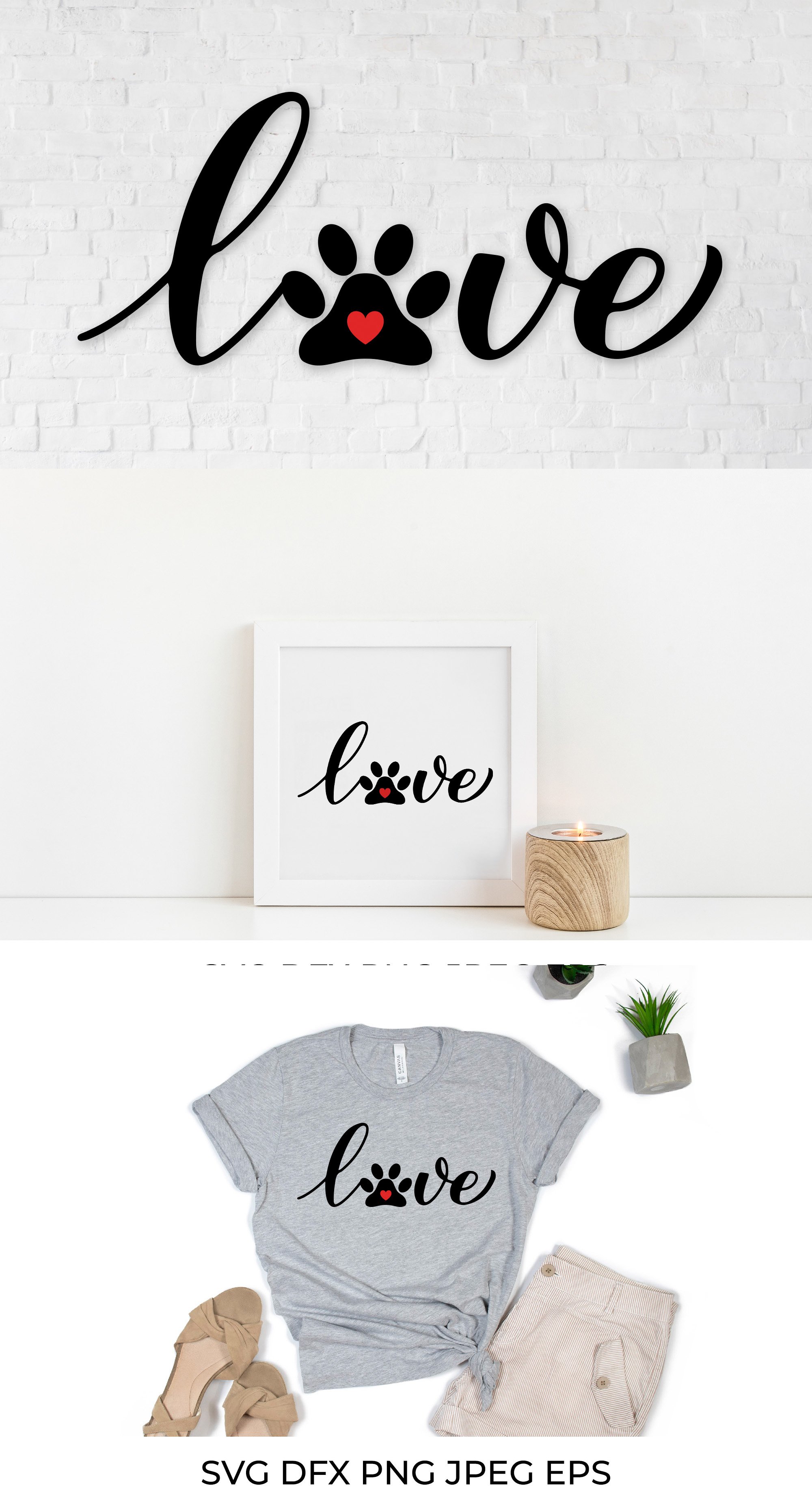 Love calligraphy lettering with paw print. Pet lover SVG