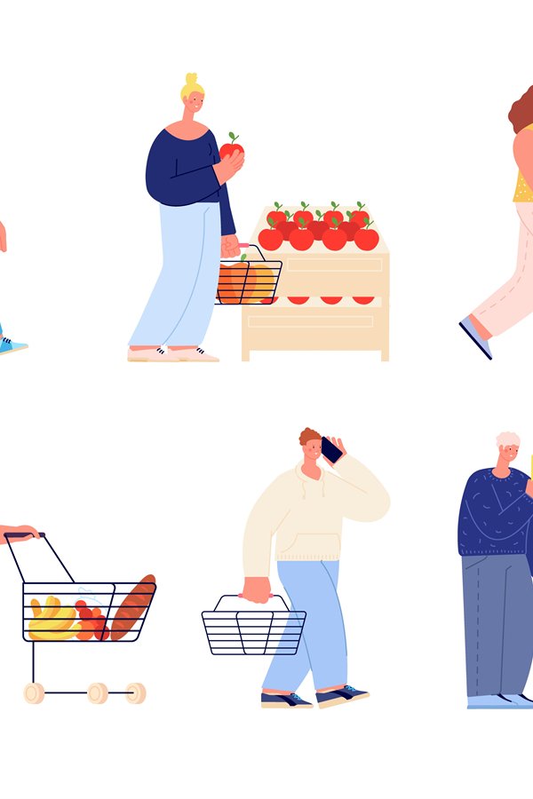 Grocery store characters. Buy in shop, supermarket shopping