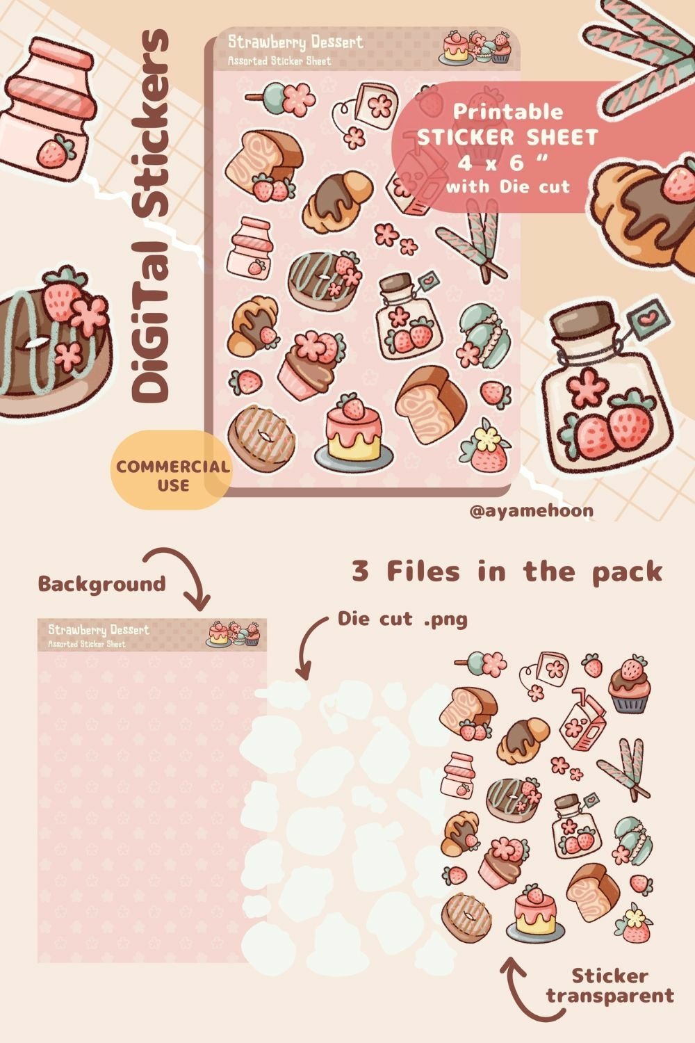 Strawberry dessert Sticker Sheet | Printable Digital sticker