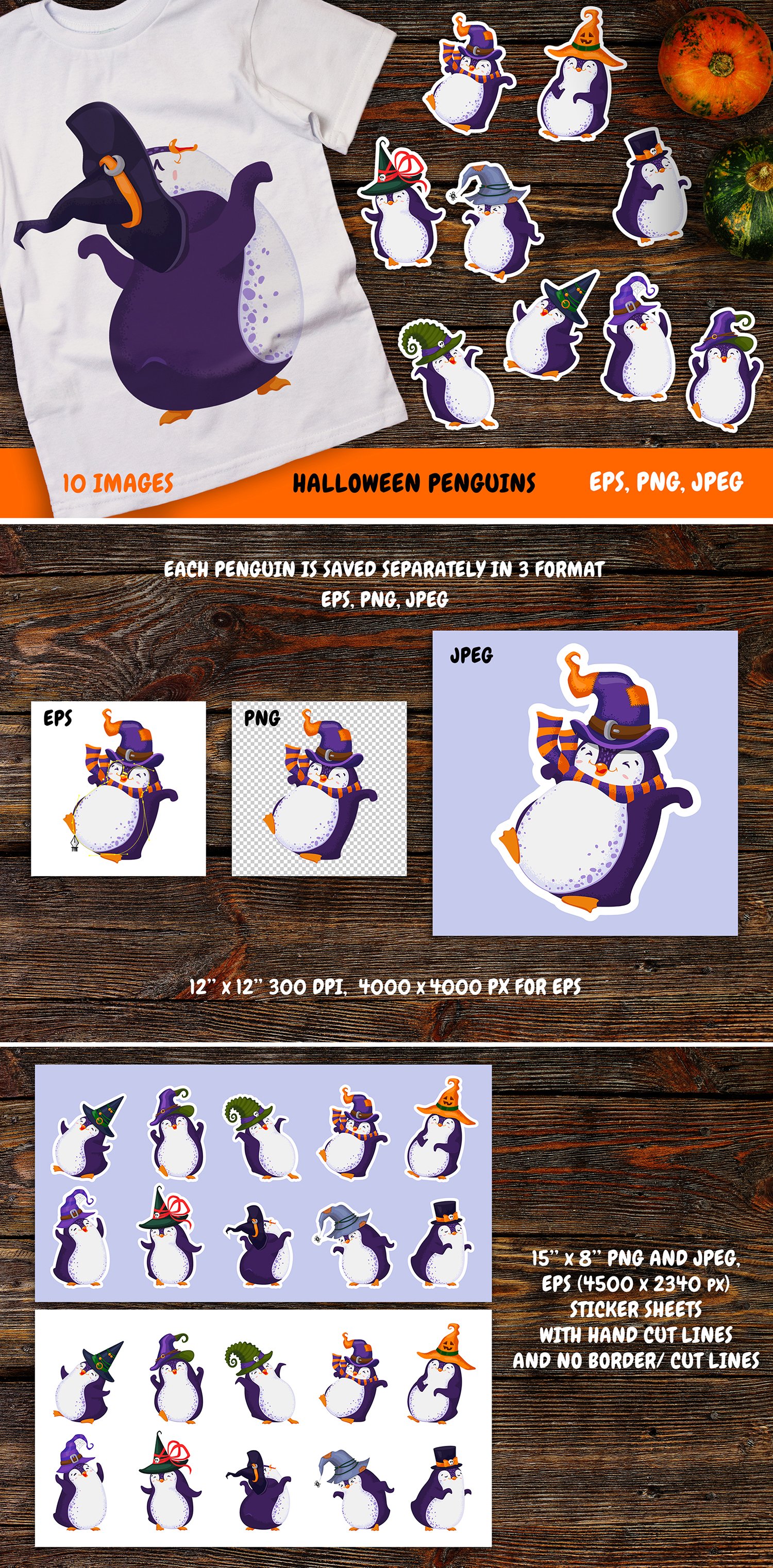 10 Cute Halloween Penguins Stickers Bundle