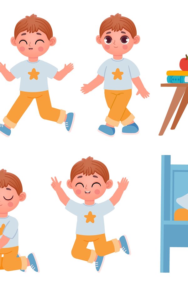 Cartoon kid boy character poses, gestures and expressions fo