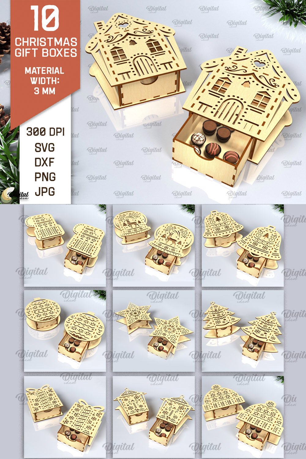 Christmas Gift Boxes Laser Cut Bundle. 3D Favor Boxes SVG