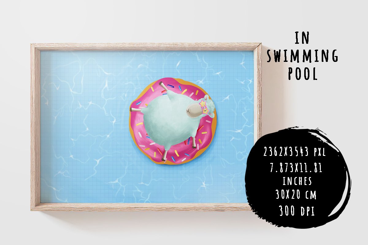 Sheep in swimming pool. Summer card
