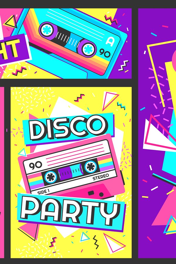 Funky 90s disco party poster. Nineties music hits banner, 90