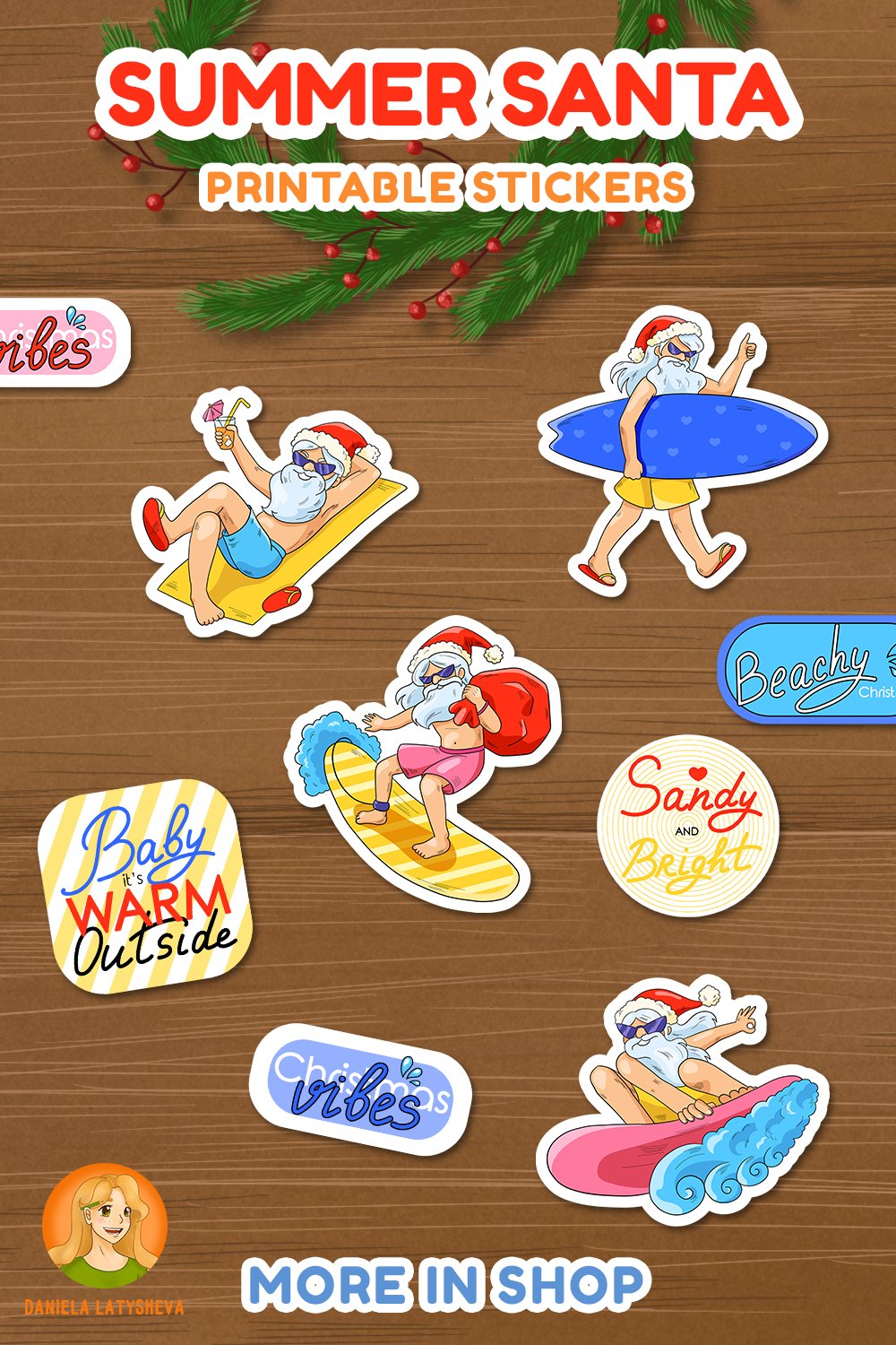 Summer Santa| Australian Christmas|13 Printable stickers PNG