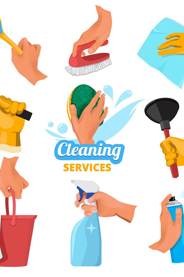 Womens hands with different tools for cleaning