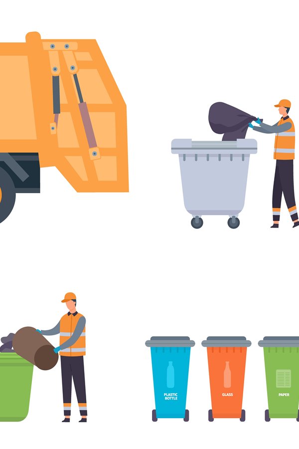 Flat garbage service workers, janitors and waste trucks. Rec