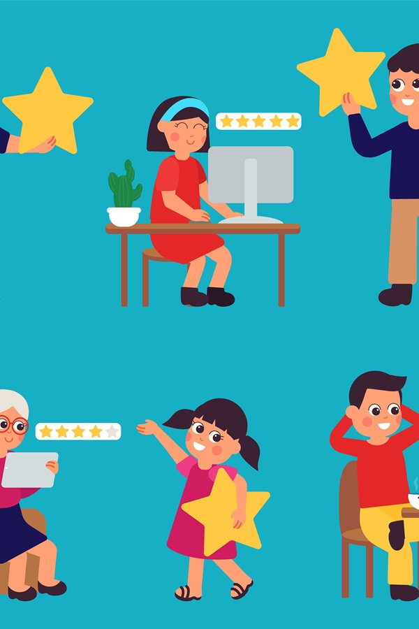 Customers with stars. Good review, rating star for app or se