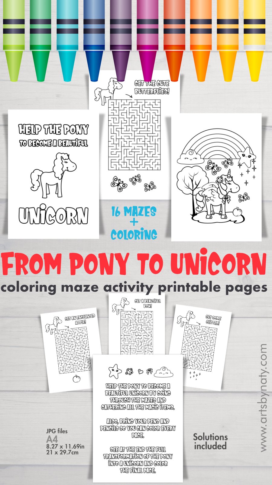 From Pony to Unicorn coloring maze activity printable pages.