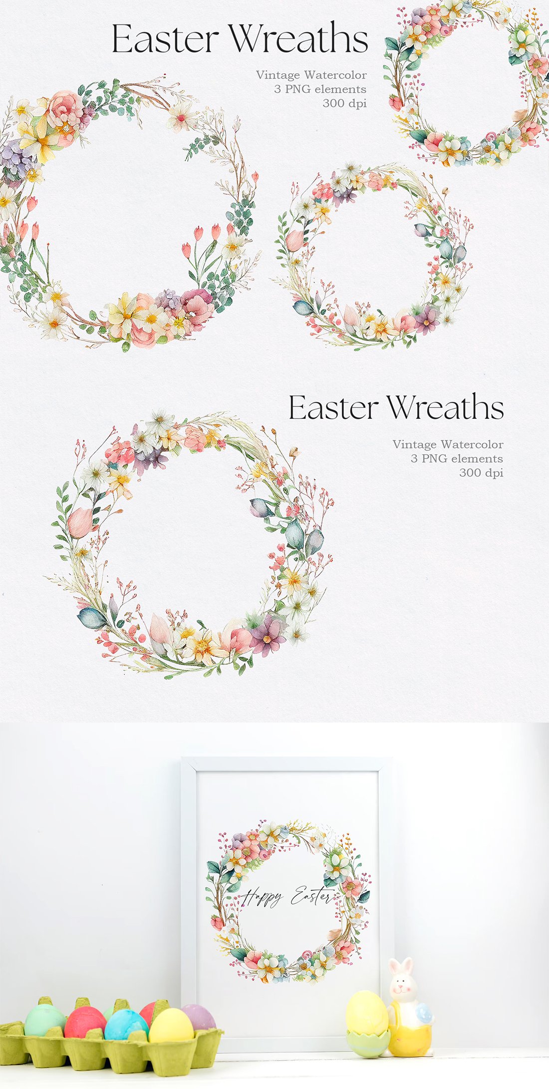 Watercolor Easter Floral Wreath PNG Clipart