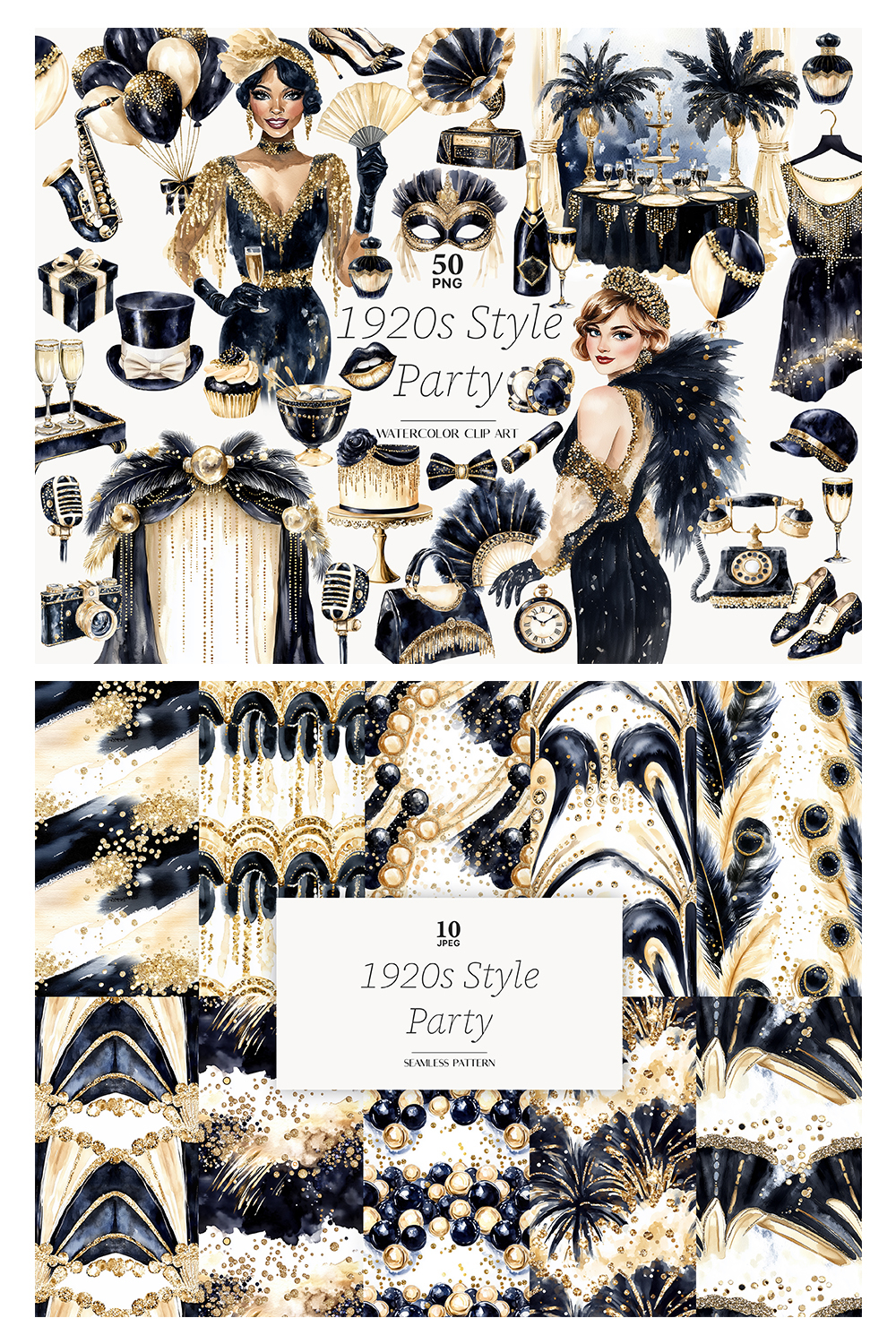 Art Deco Digital Paper | Black Gold Gatsby Seamless Pattern