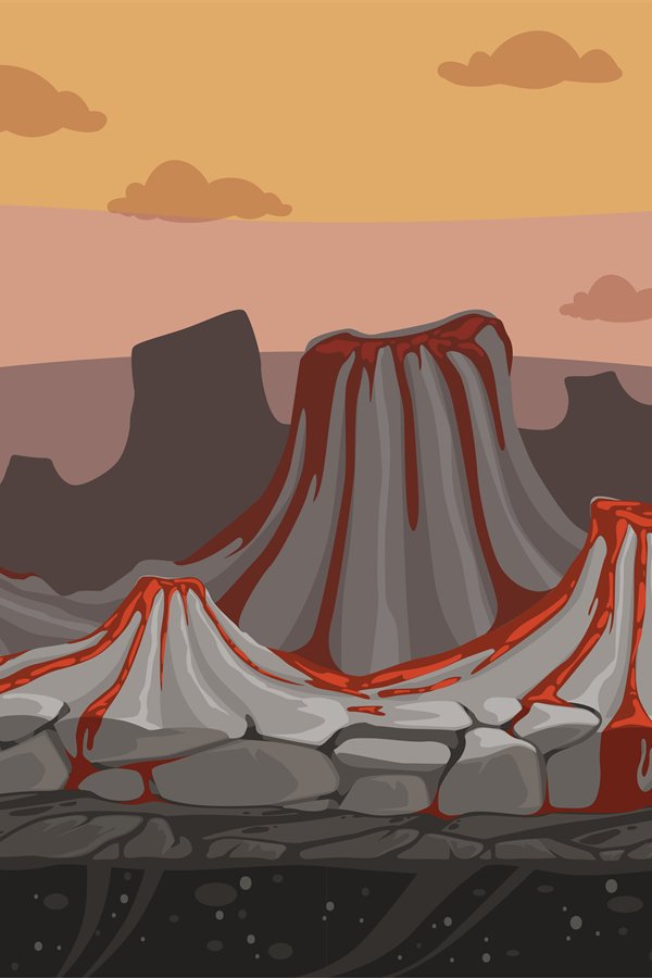 Volcanoes seamless game background. Rockie ground with stone
