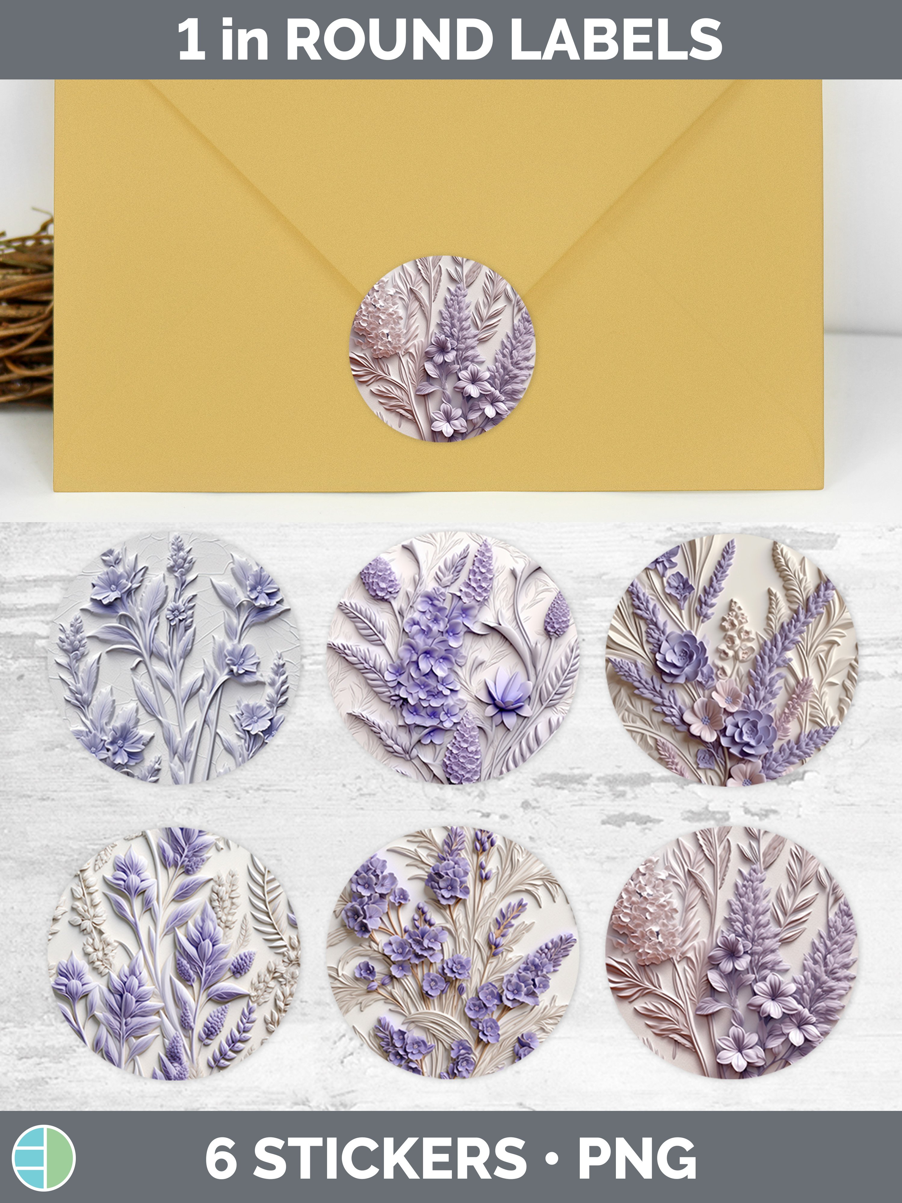 3D Lavender Flowers Stickers | Round Labels Designs Bundle
