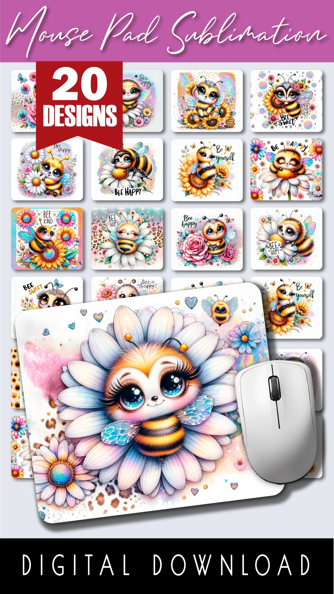 Cute Bee Mouse Pad Bundle - Inspirational Quote Sublimation