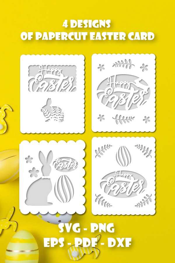 4 paper cut template of easter greeting cards. Cut files.