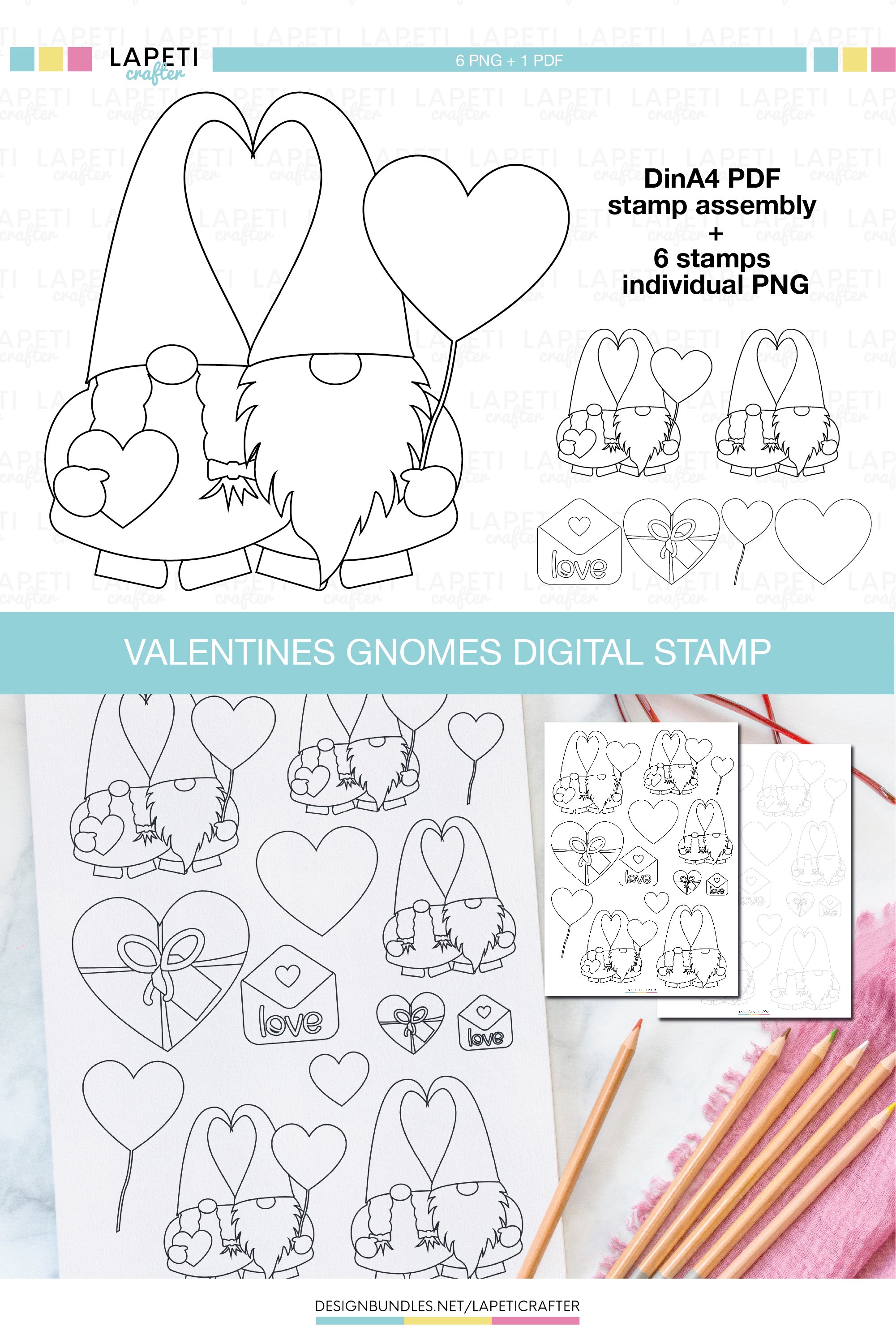 Valentines Gnomes digital Stamp | Includes no line coloring
