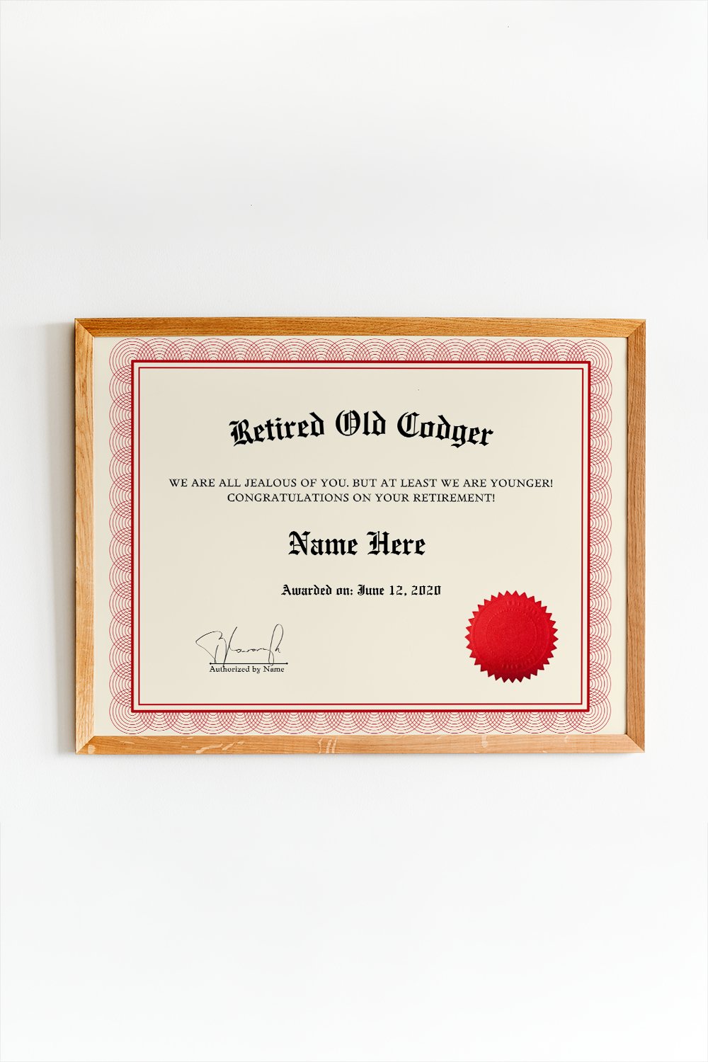 Retired old Codger certificate, funny retirement gift