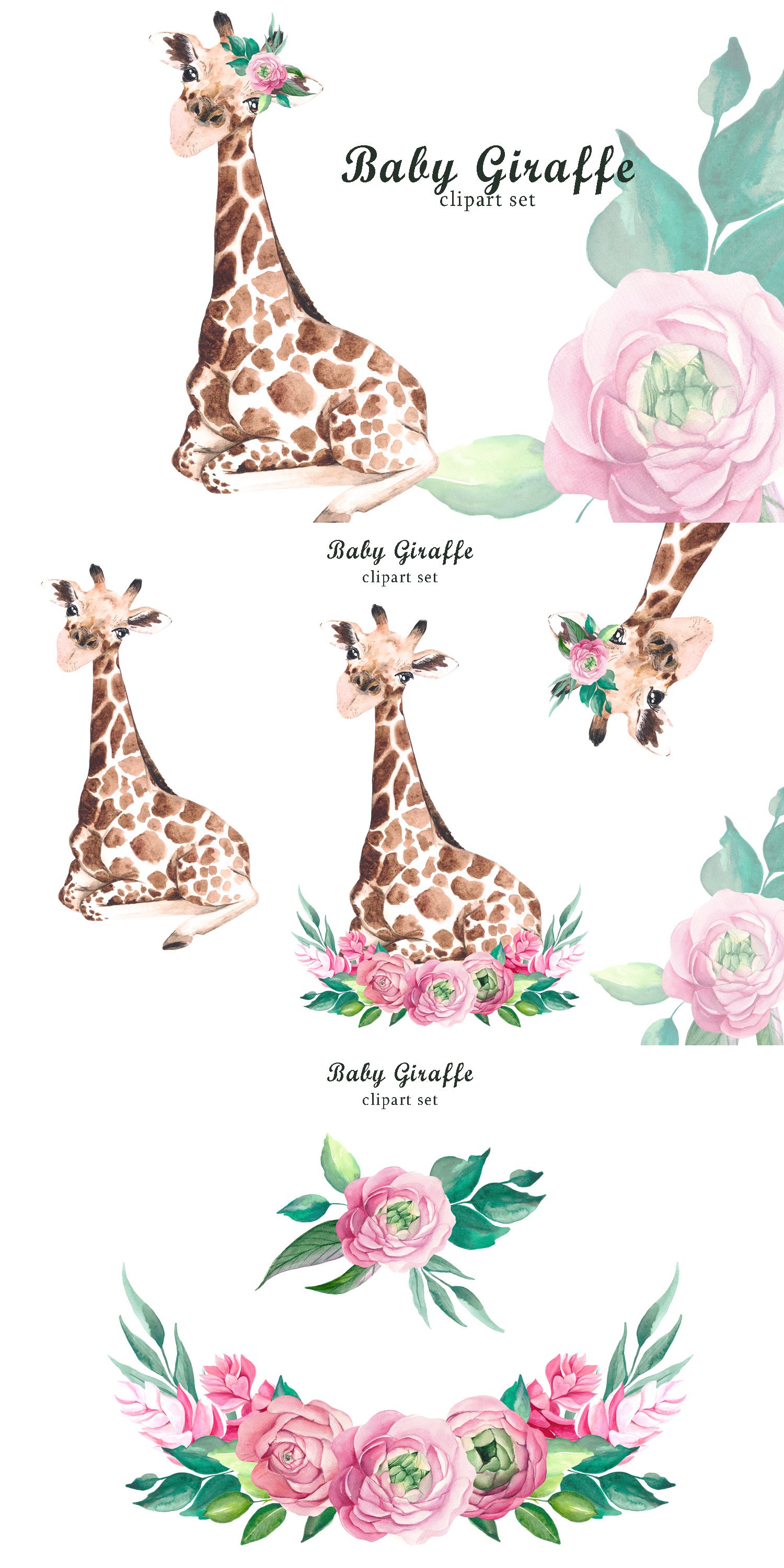 Watercolor baby giraffe clipart. Safari animals nursery wall