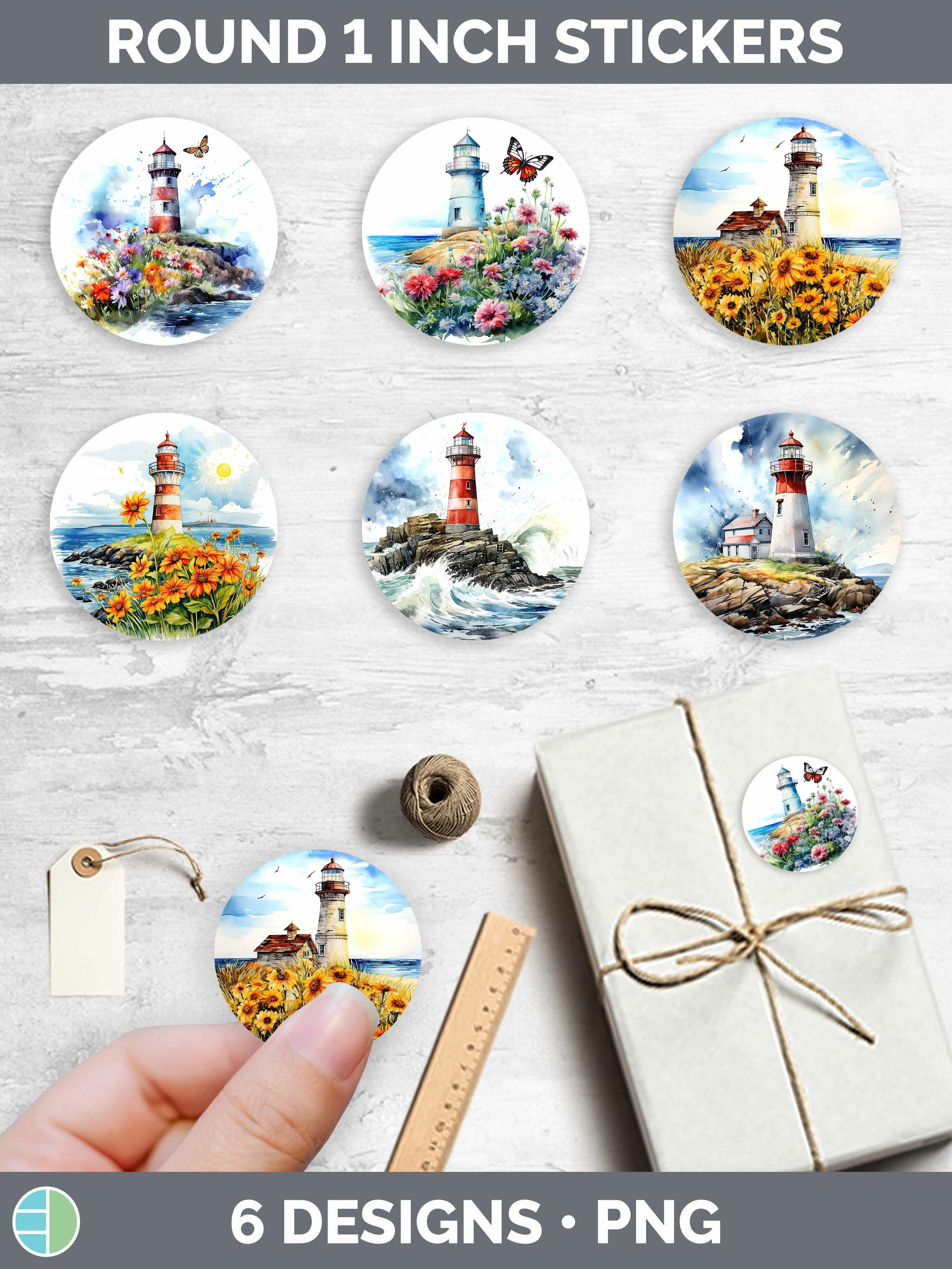 Watercolor Lighthouse Stickers | Round Labels Bundle
