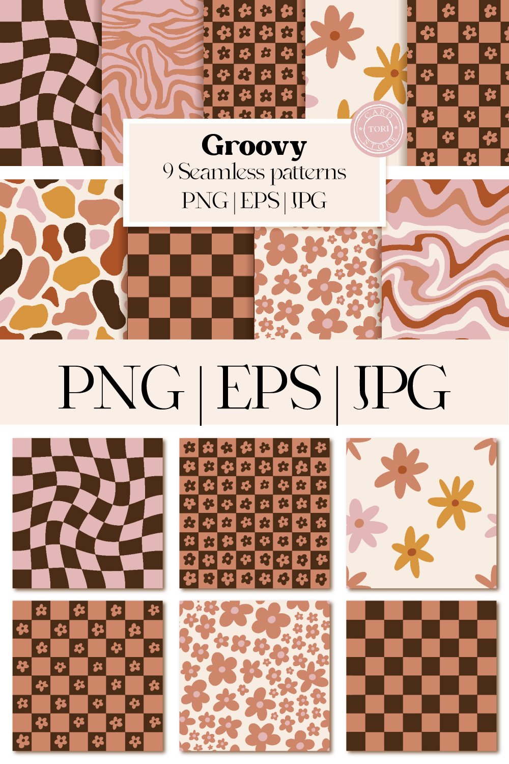 1970 Retro Groovy Digital Papers 9 Seamless Patterns