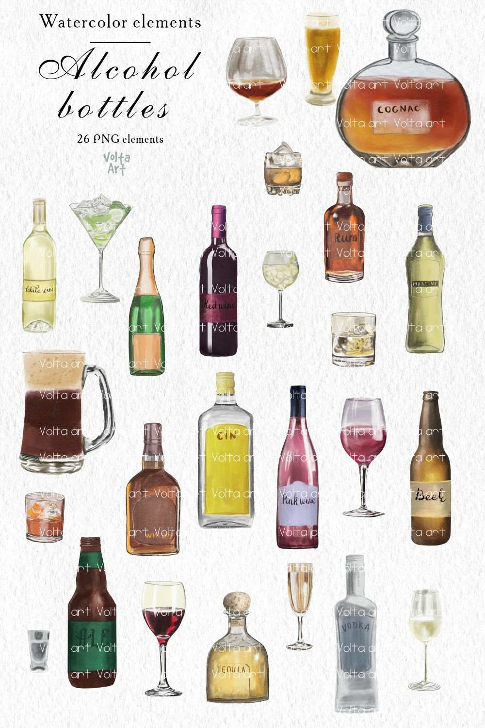 Watercolor Bottles, Glasses clipart, Bar Menu, Drinks