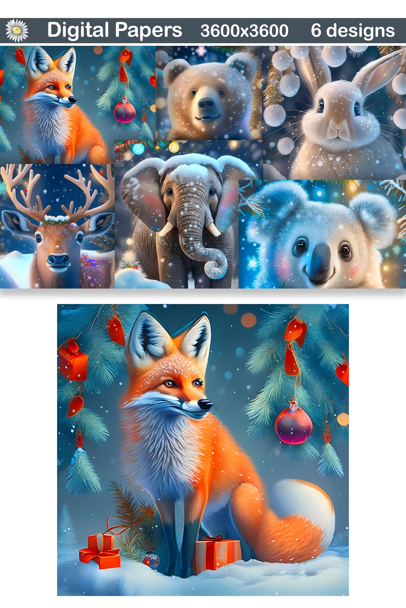 Christmas Animals Digital Paper | Christmas Illustration