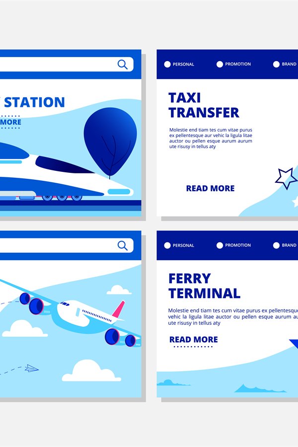 Transportation vector banners. Ferry terminal, air flight, t