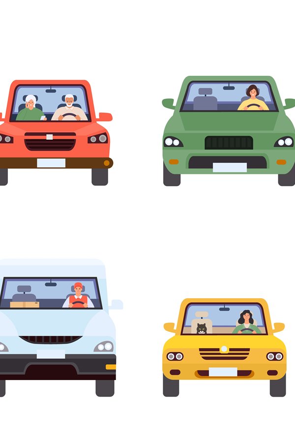 People in cars front view. Man and woman driving, delivery s