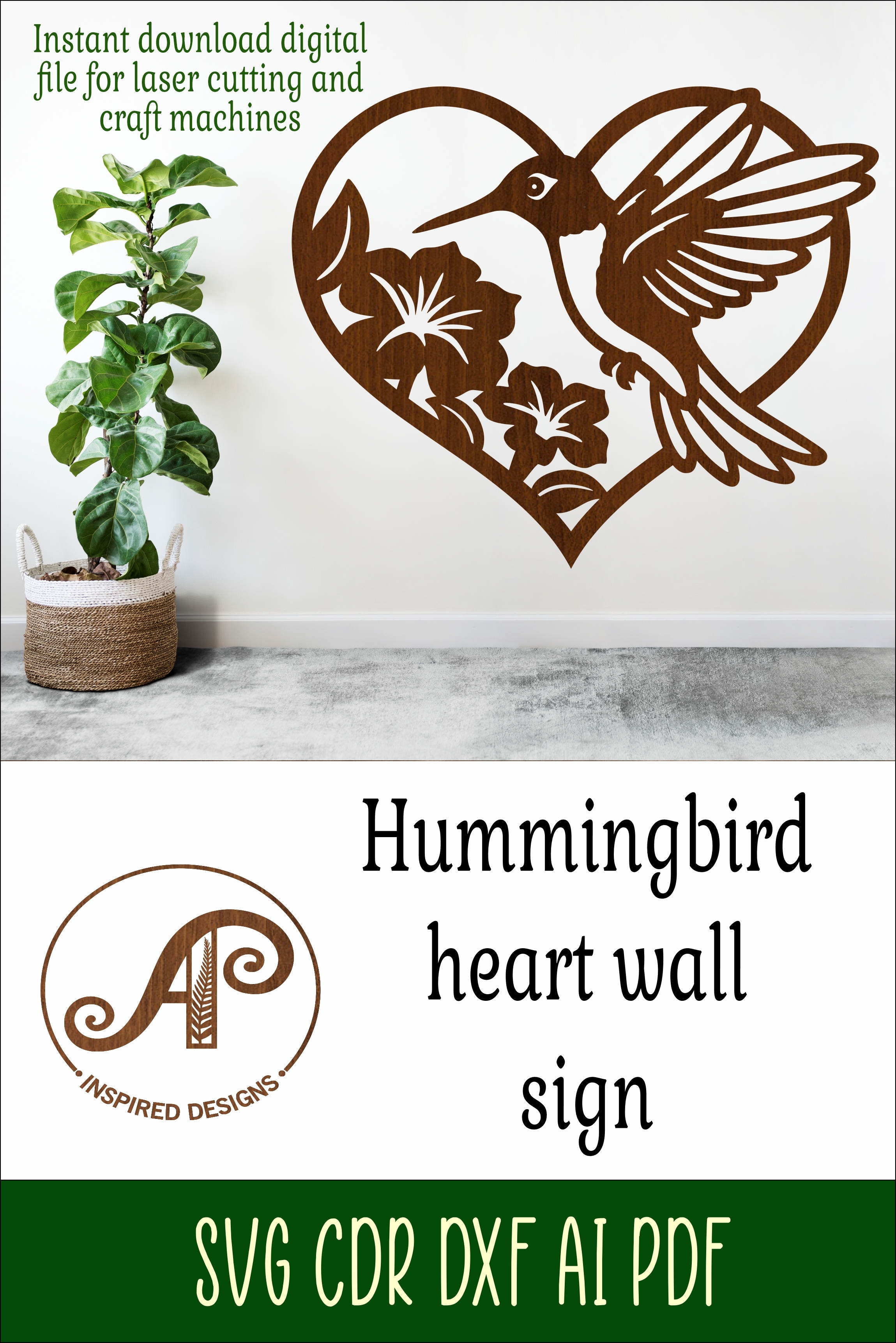 Hummingbird heart wall sign, SVG file.