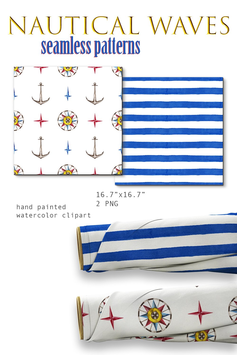 Nautical seamless patterns Watercolor sea digital (1453752)