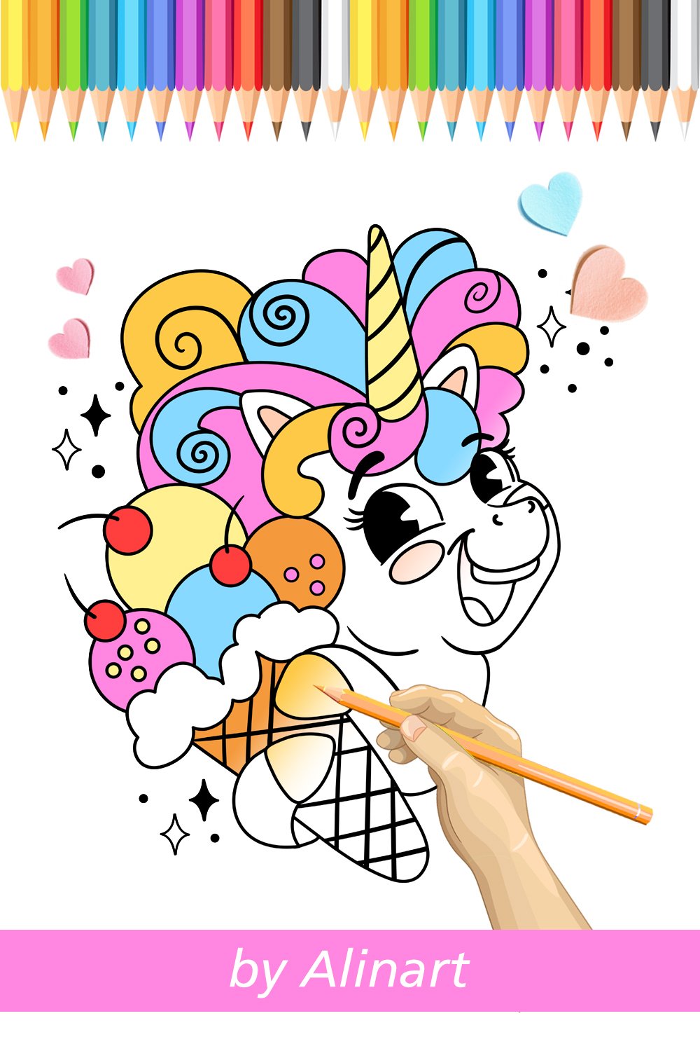 Magic Unicorn with an ice cream coloring page for kids