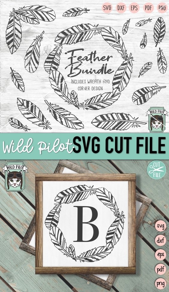 Feathers Monogram Frame SVG Cut File, Feather Wreath SVG