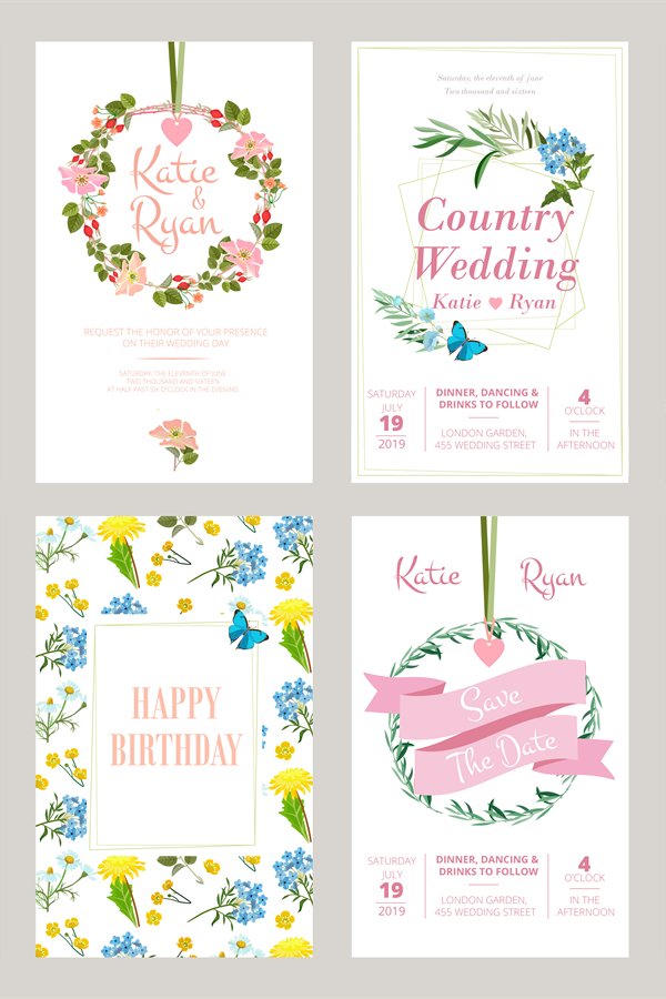 Floral cards. Botanical illustration for placard invitation