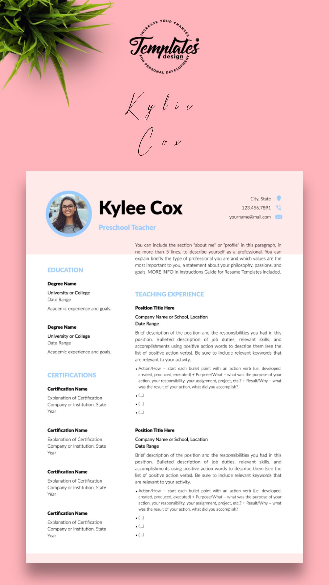 Teacher Resume CV Template for Word & Pages Kylie Cox